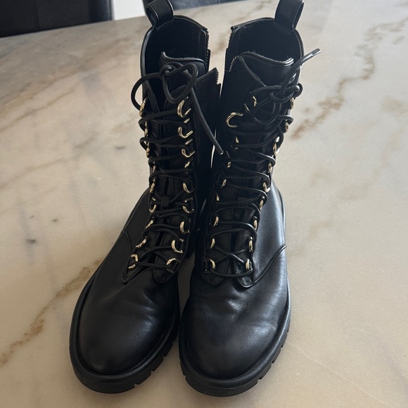 Zara | Shoes | Zara Black Leather Moto Boots With Gold Eyelets | Poshmark